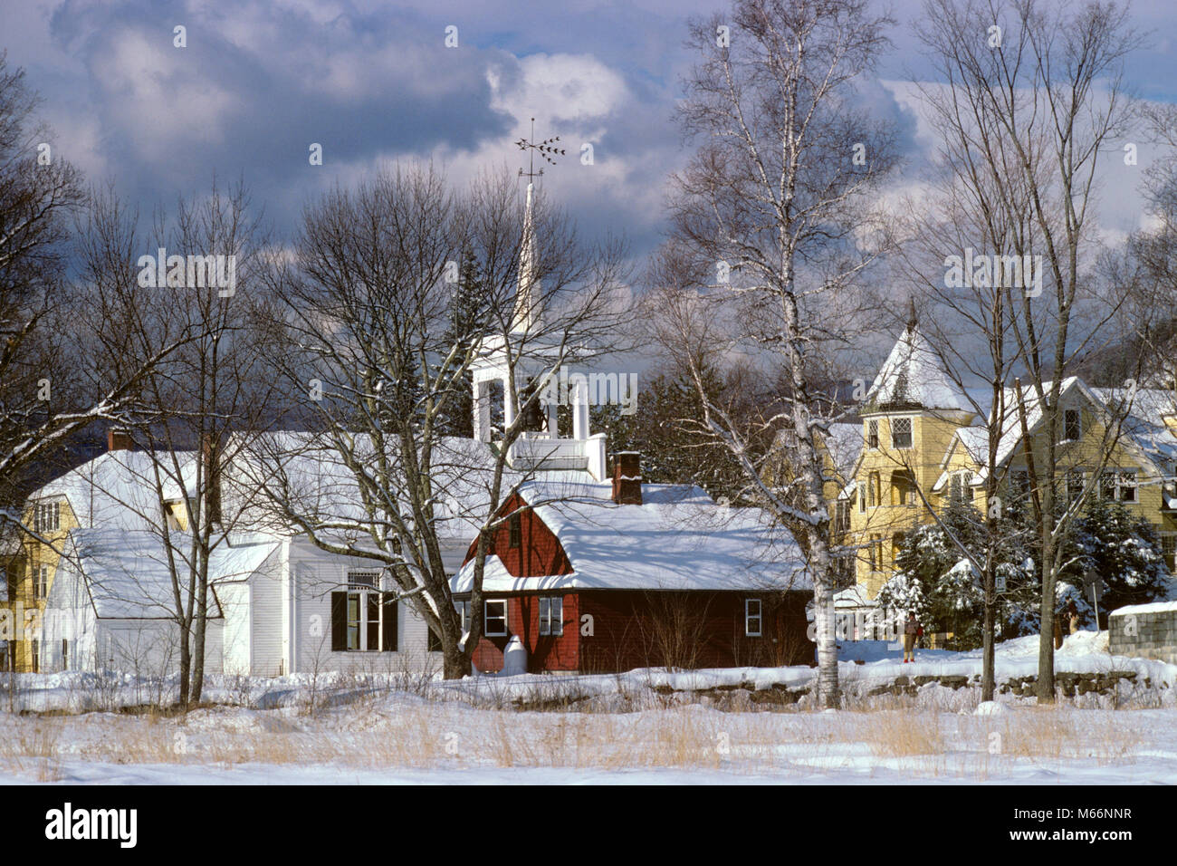 1980s WINTER SNOW SCENE VILLAGE CHURCH AND HOUSES JACKSON NEW HAMPSHIRE ...