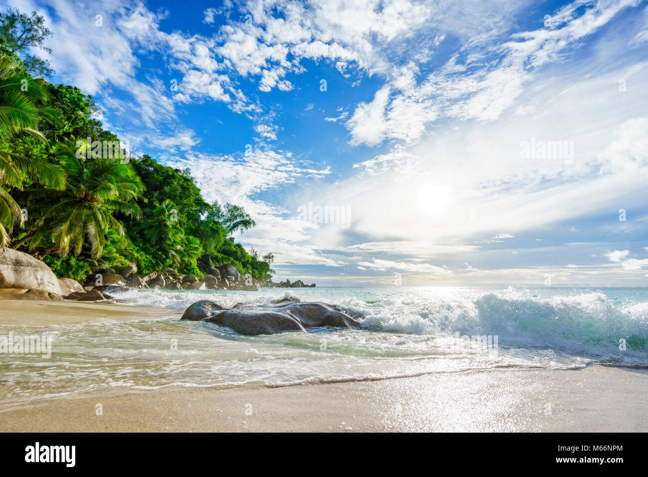 Amazing beautiful paradise tropical beach with granite rocks,palm trees ...