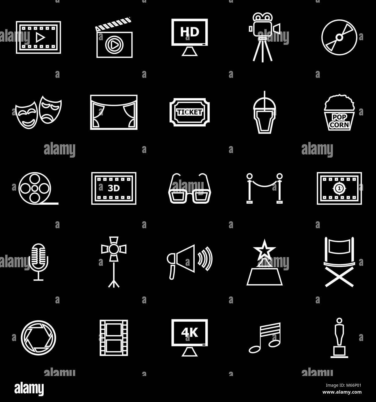 Movie line icons on black background, stock vector Stock Vector Image ...