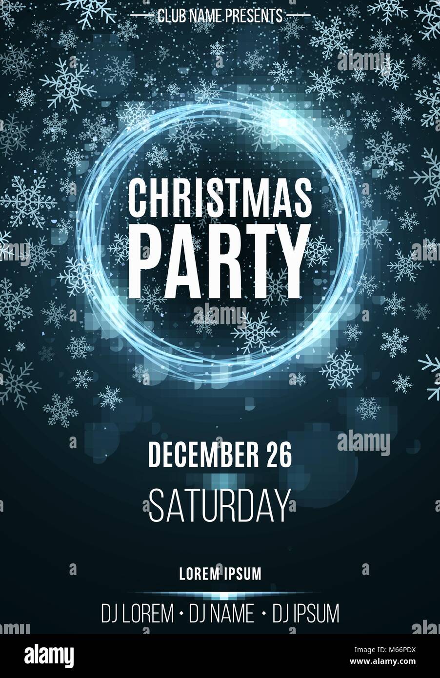 Advertising festive poster for the Christmas party. Blue shining banner ...