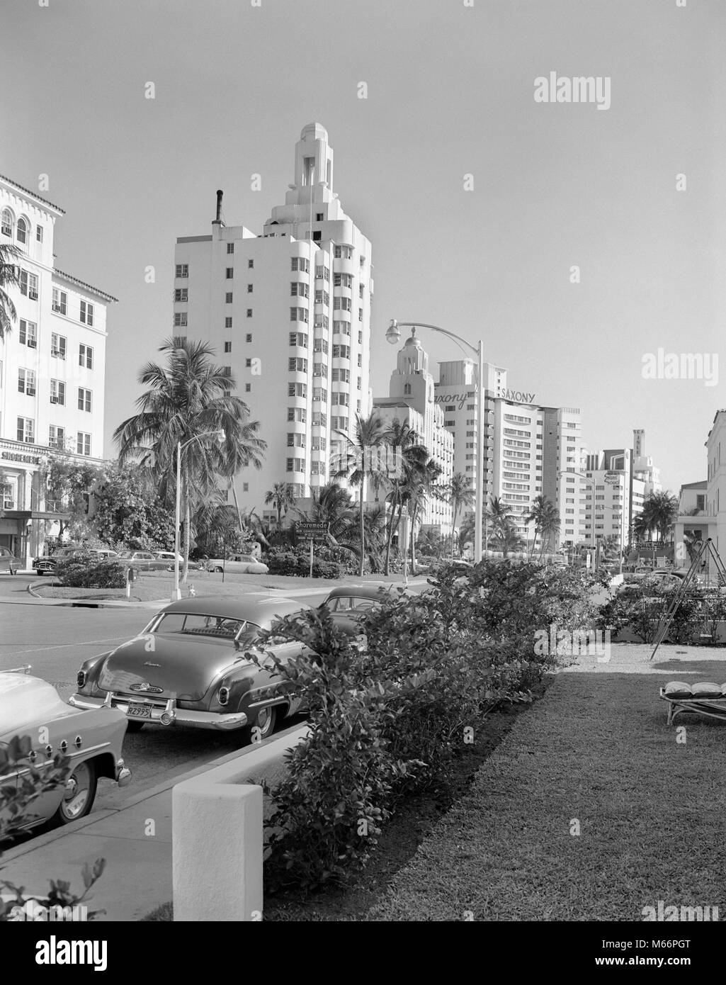 1950s SAXONY AND SAN SOUCI HOTELS ARE VISIBLE COLLINS AVENUE MIAMI ...
