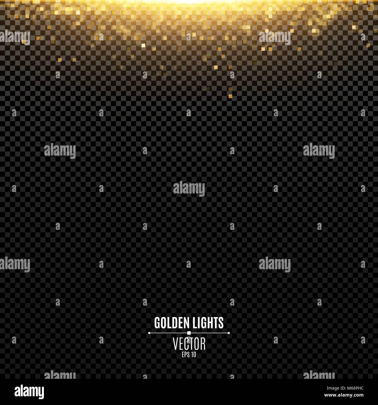 Abstract golden lights fall on a transparent background. Magical gold ...