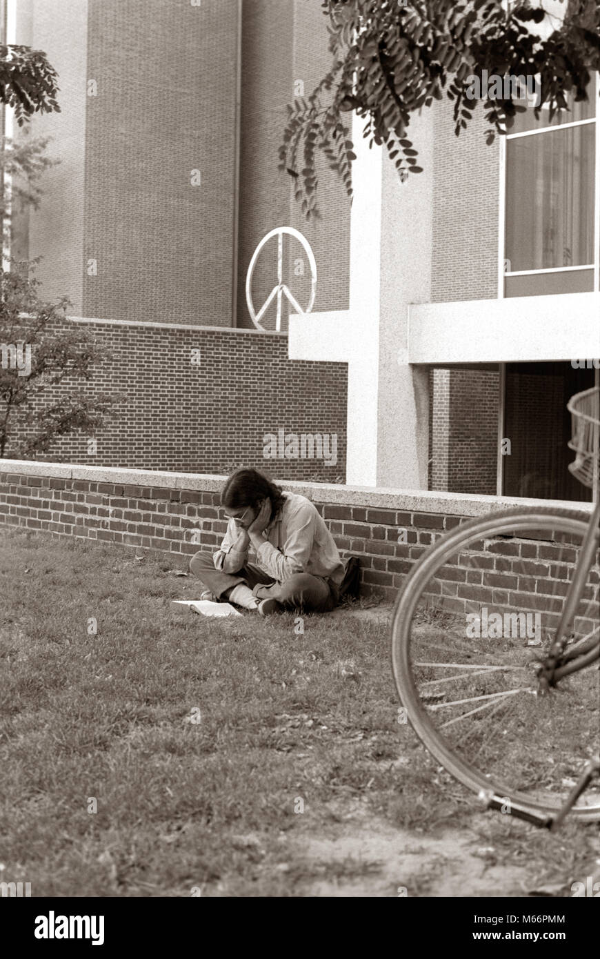 1960s 1970s LONE SINGLE MAN COLLEGE UNIVERSITY STUDENT SITTING ON GRASS ...