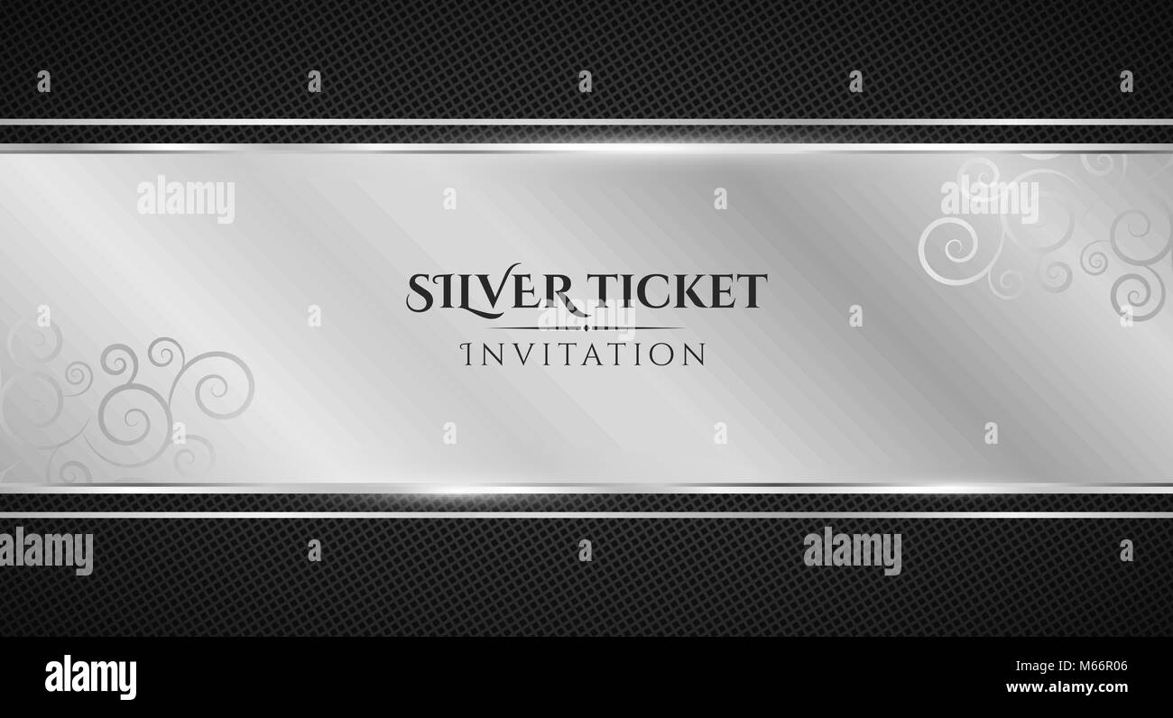 Silver ticket. Luxurious invitation. Silver ribbon banner on a black ...