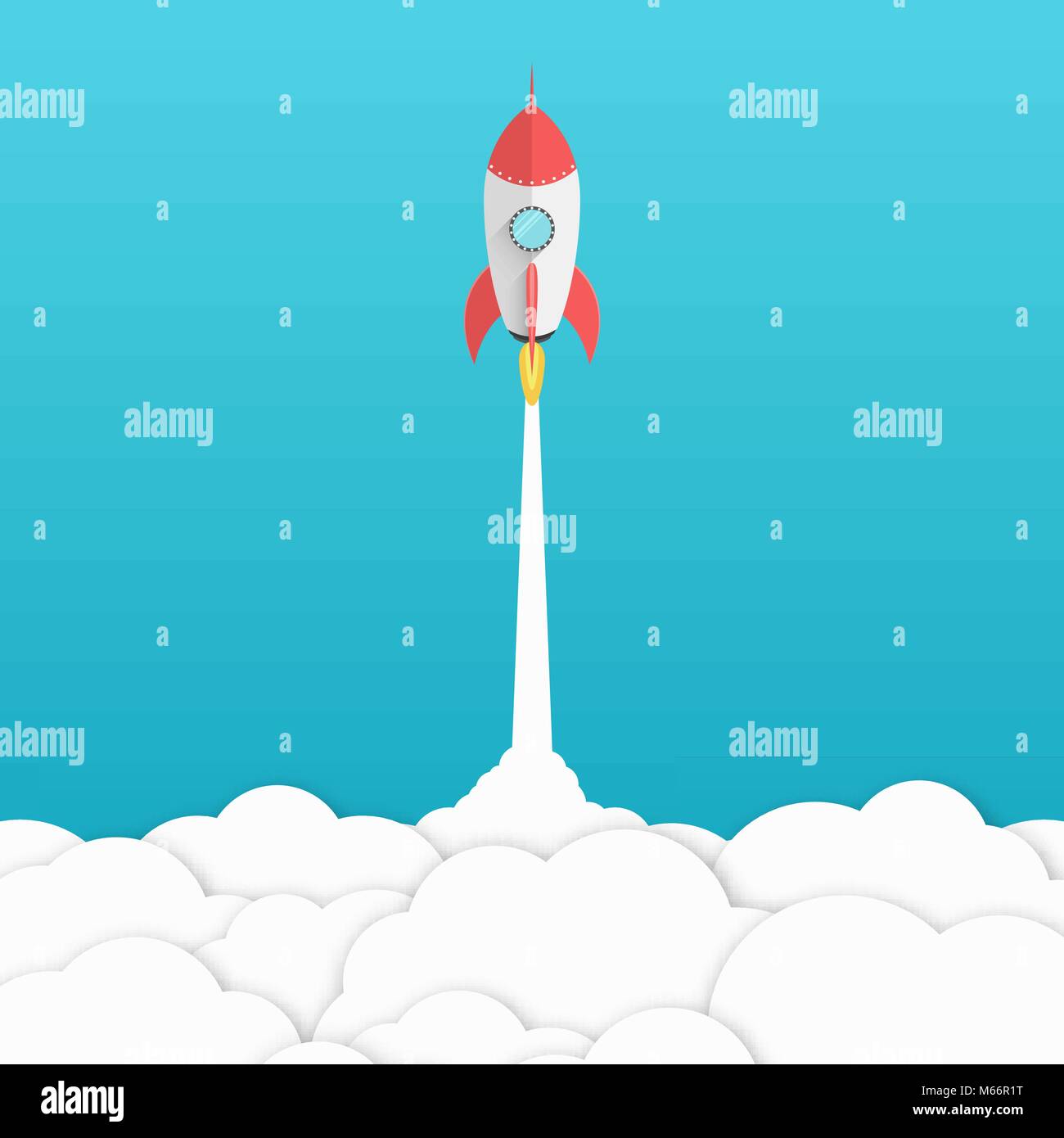 Red cartoon rocket. Background for your projects. White cloud of smoke ...