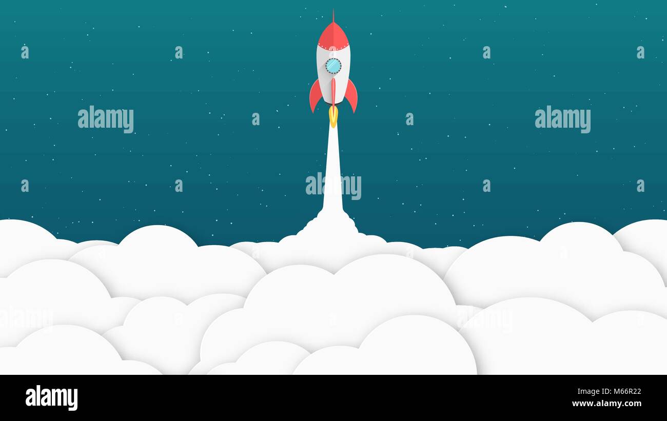 Red cartoon rocket. Background for your projects. White clouds ...