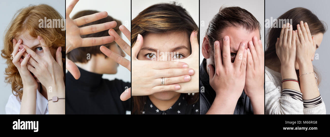 Set of people that are hiding their face with fingers. To be afraid of ...