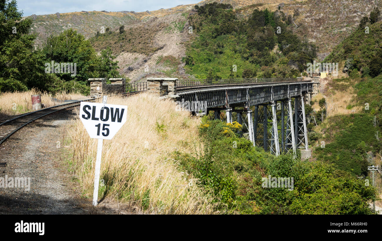 Wooden Viaduct and Slow Sign, Taieri Gorge Railway, South Island, New ...