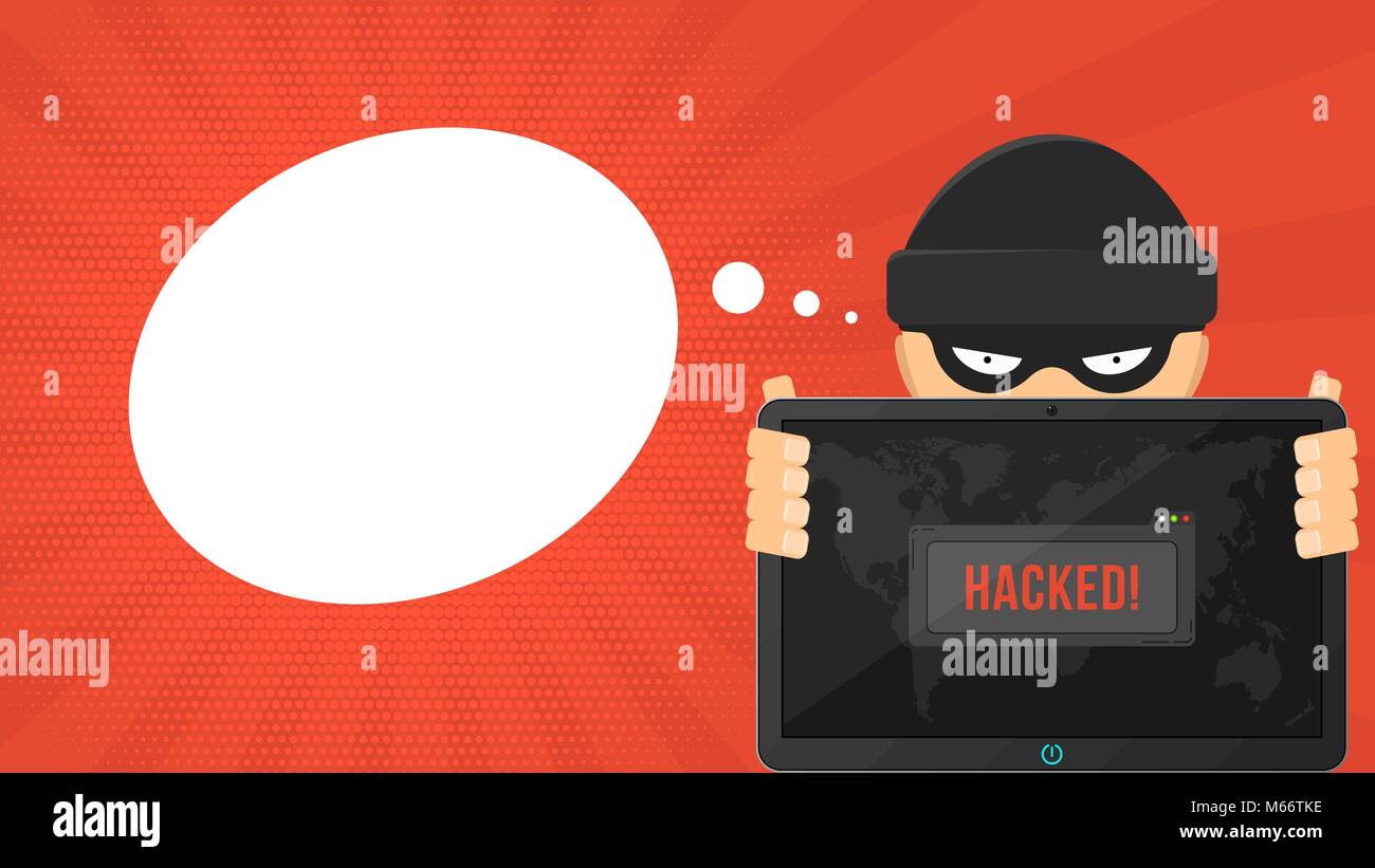 Cartoon hacker is holding a hacked tablet on a red background. System ...