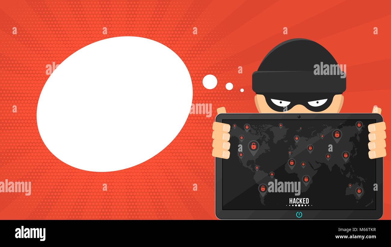 Cartoon hacker is holding a hacked tablet on a red background. Black ...