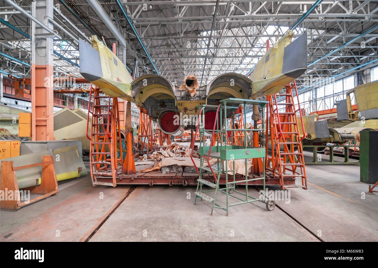 Aviation factory of military aircraft. Slipway with the Russian ...