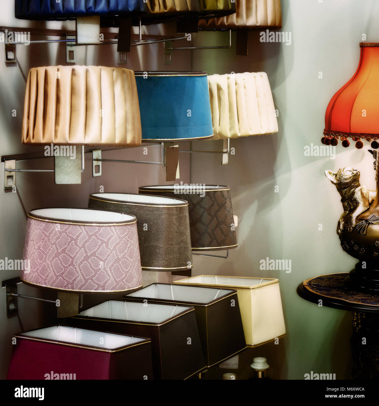 Lights with lampshade in an antique store Stock Photo - Alamy