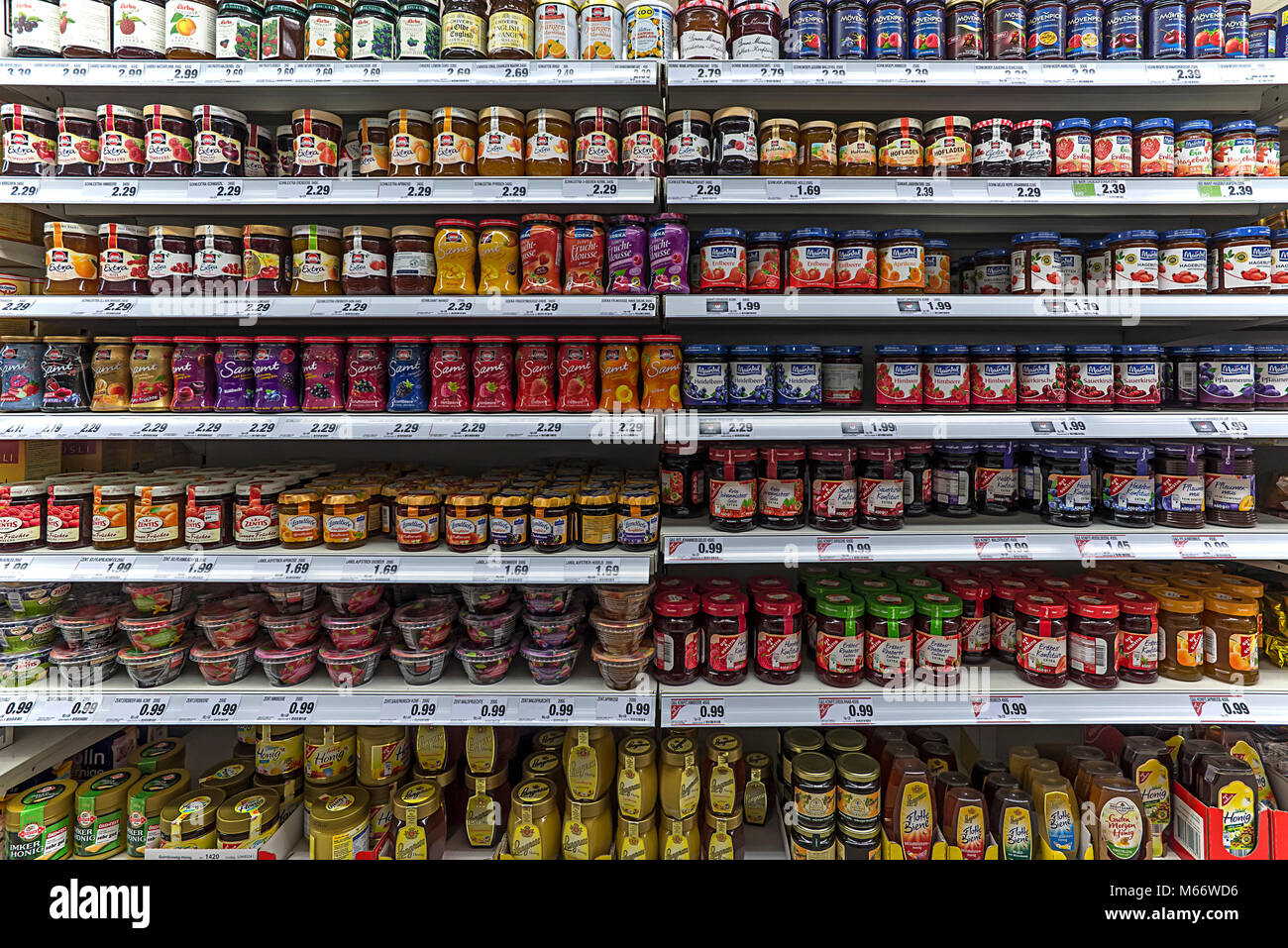 Jam in a supermarket shelf, Germany Stock Photo - Alamy