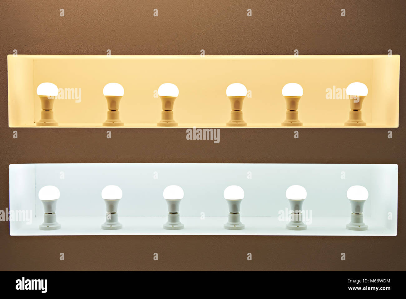 LED lamps for warm and cold light in showcase shop Stock Photo - Alamy