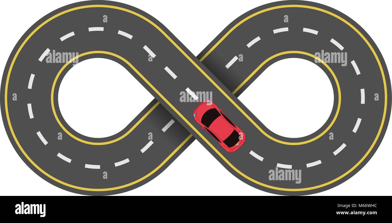 Abstract endless road isolated on white background. Cartoon red car ...