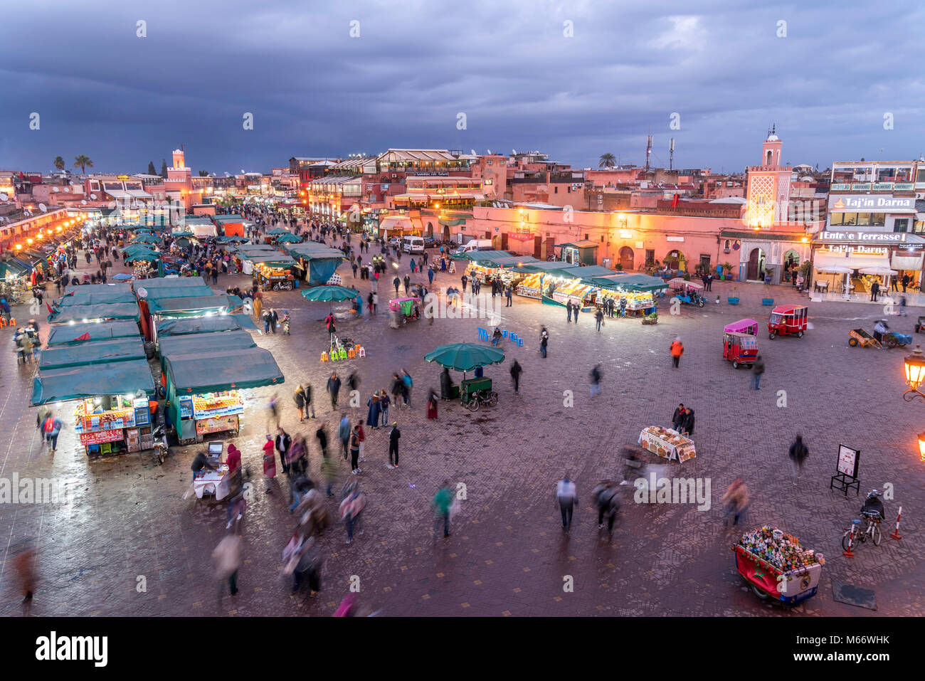 Djemaa el Fnaa market square at dusk, Marrakech, Morocco Stock Photo ...