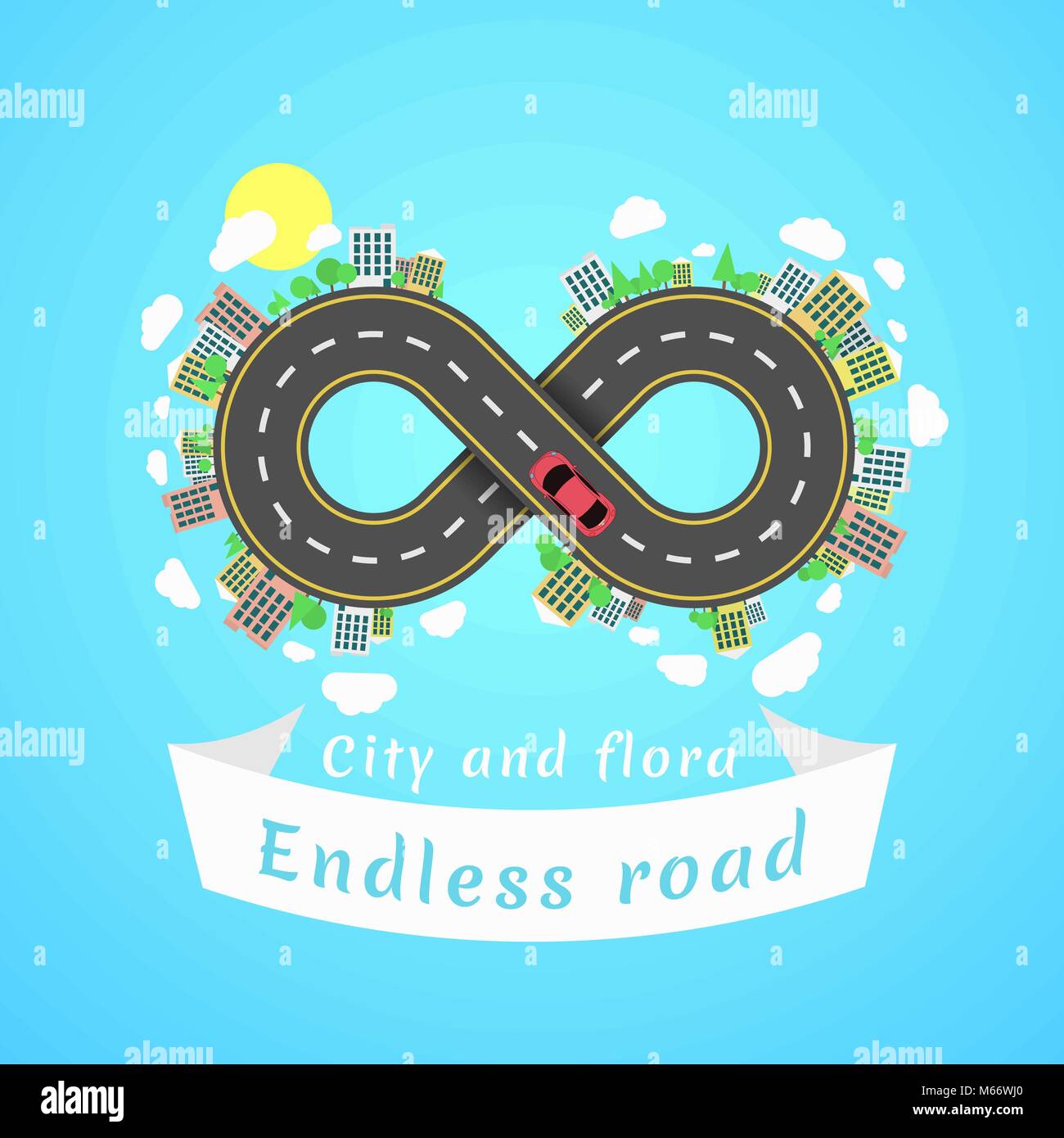Endless road. Travel time. Cartoon red car. The carriageway. Banner of white ribbon. Cities and ...