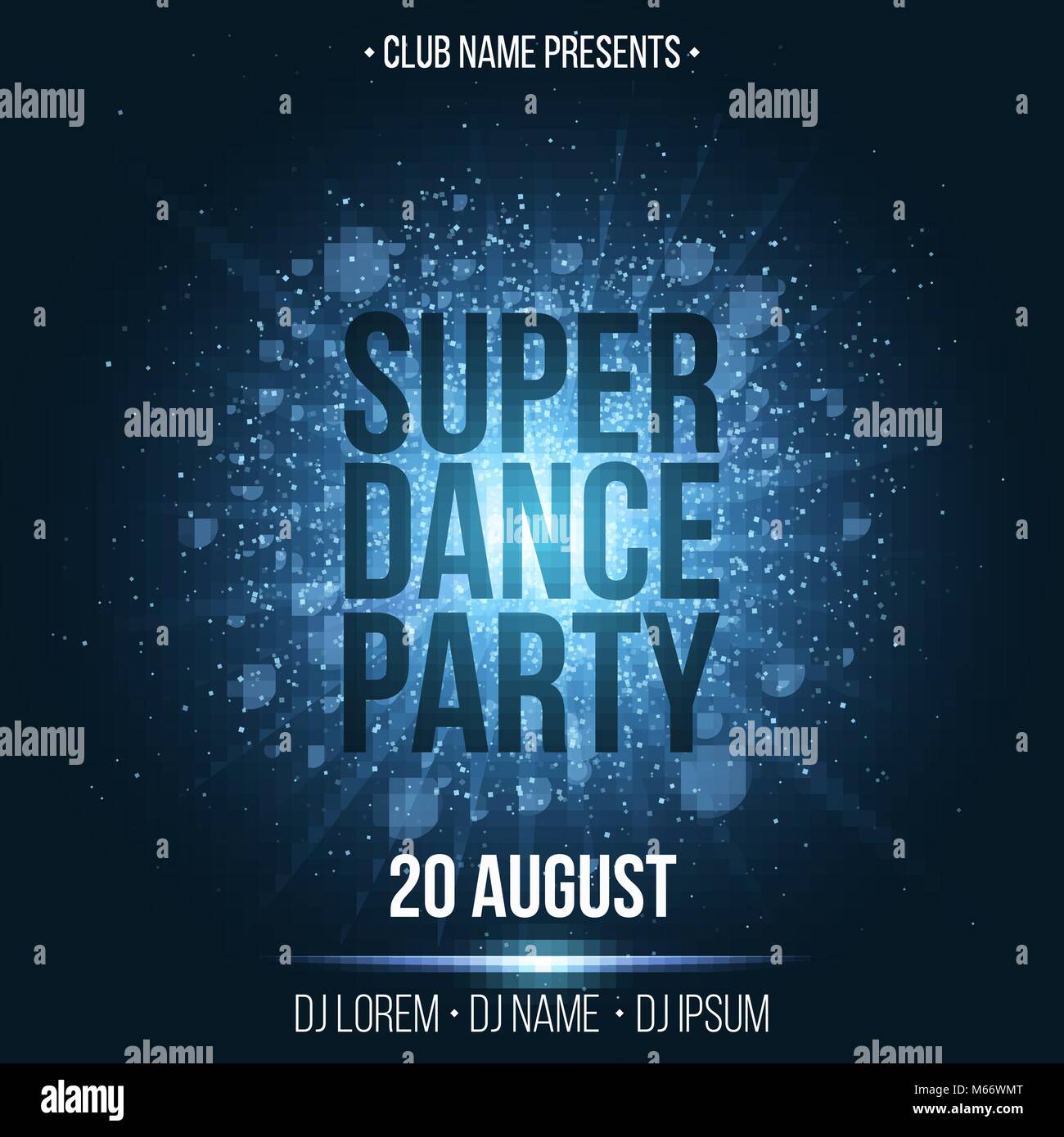 Super dance party. Luxurious invitation card. Blue flash with blue dust ...