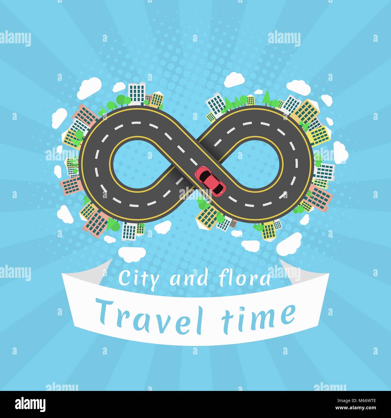 Infinity road. Travel time. Cartoon red car. The carriageway. Halftone ...