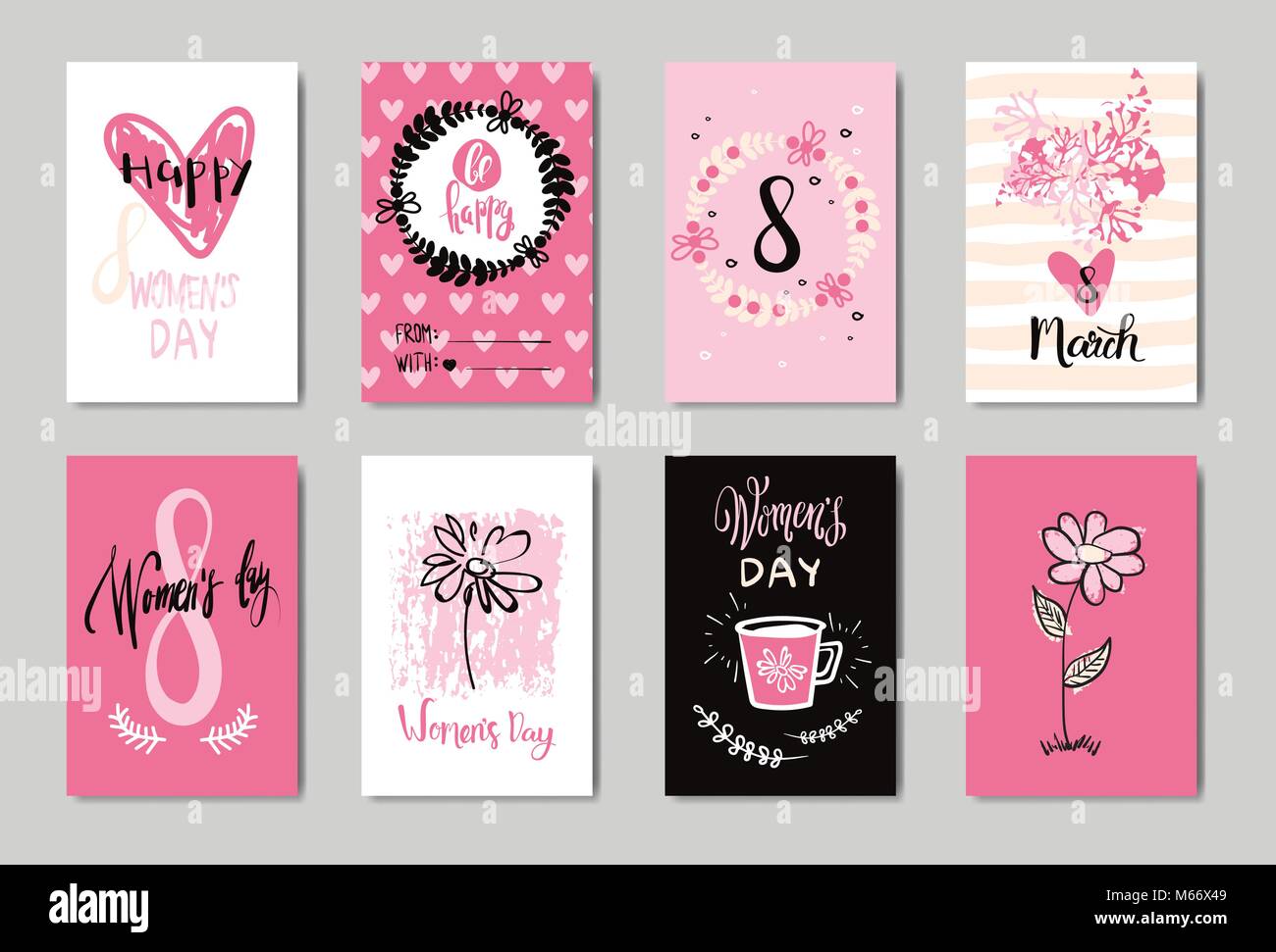 Happy 8 March Cute Doodle Greeting Cards Set Pink Background Design ...