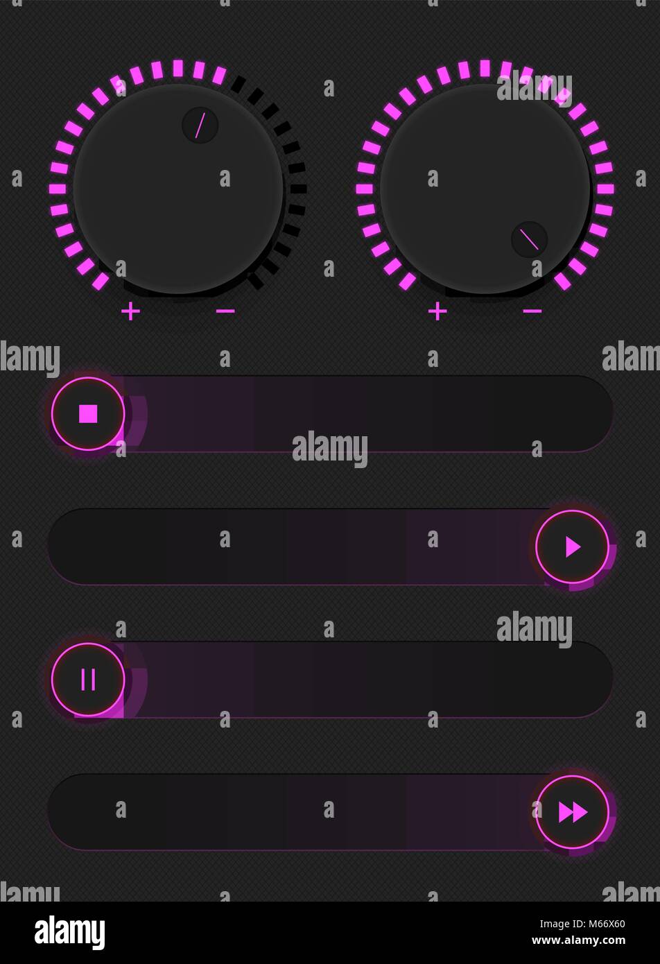 Set of glowing purple buttons and sliders. Neon style. Control user ...