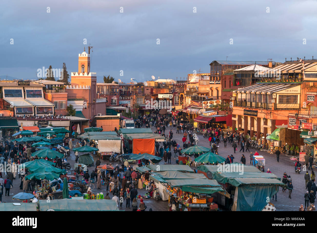 Djemaa el Fnaa market square at dusk, Marrakech, Morocco Stock Photo ...