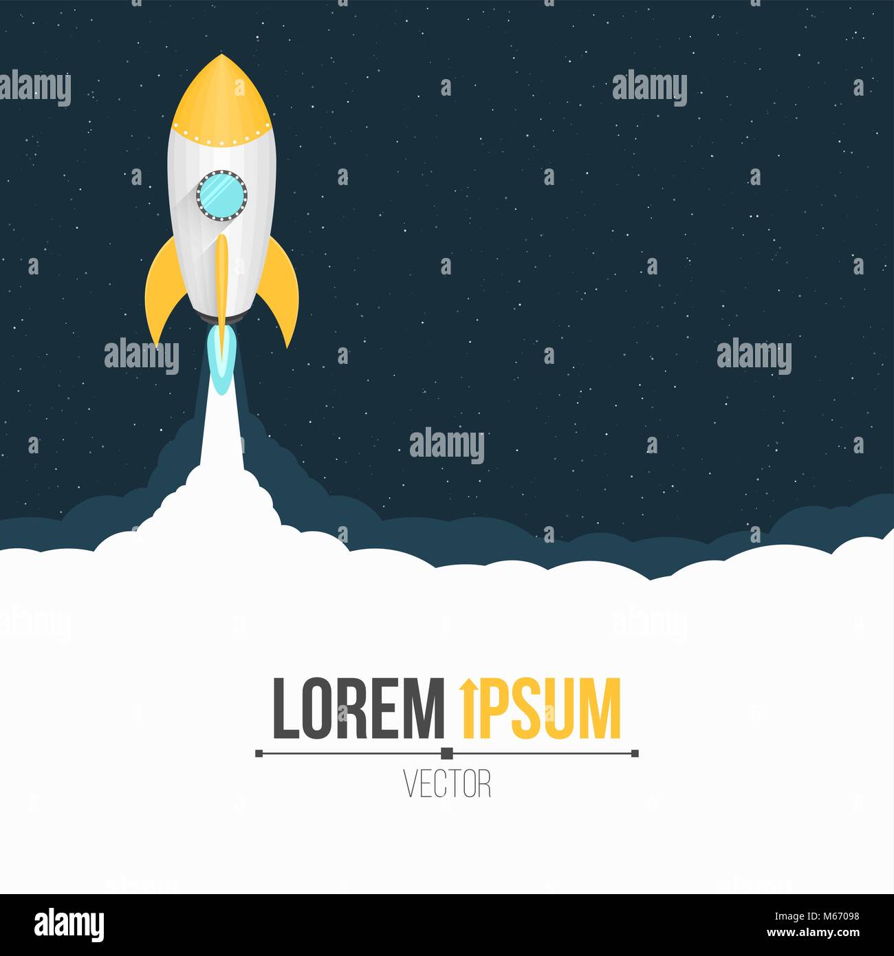 Space concept. A cartoon red rocket flies into open space. Start up in ...