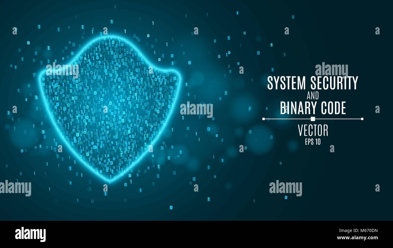 High-tech computer concept. A blue glowing neon shield made of binary ...