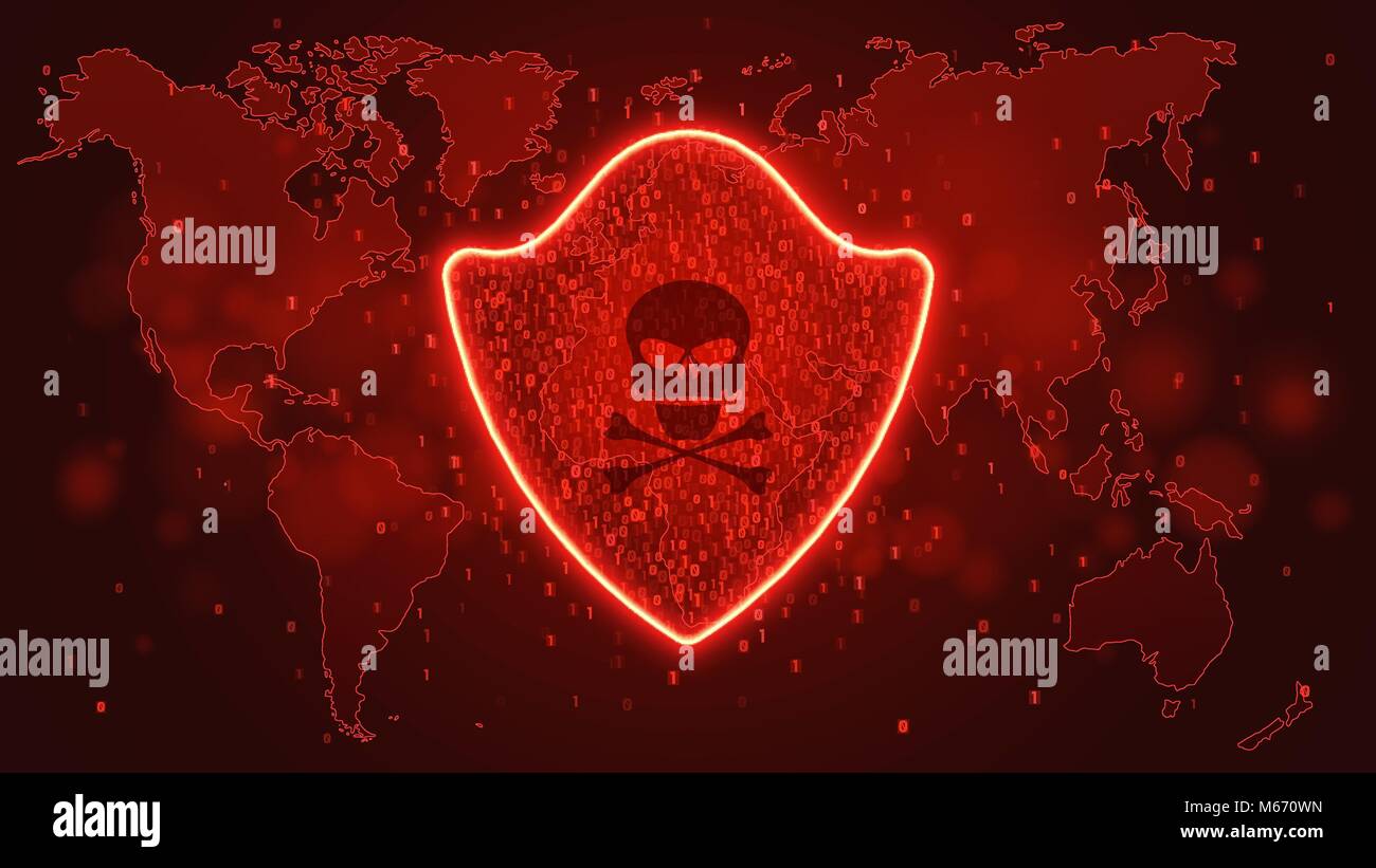 High-tech computer concept. A red glowing neon shield from a binary ...