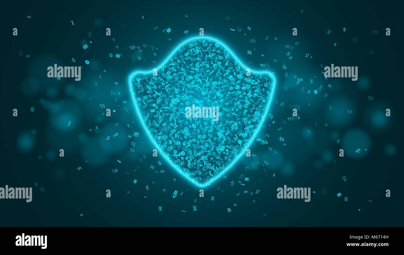 A glowing blue shield of programming symbols. System security. High ...