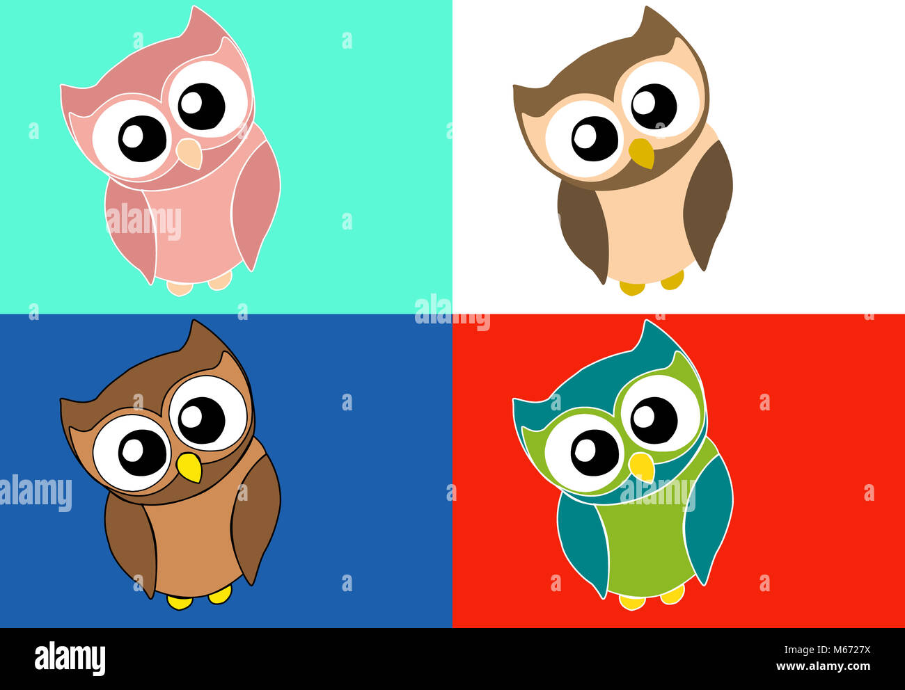 design of four little owls, colorful illustration Stock Photo - Alamy