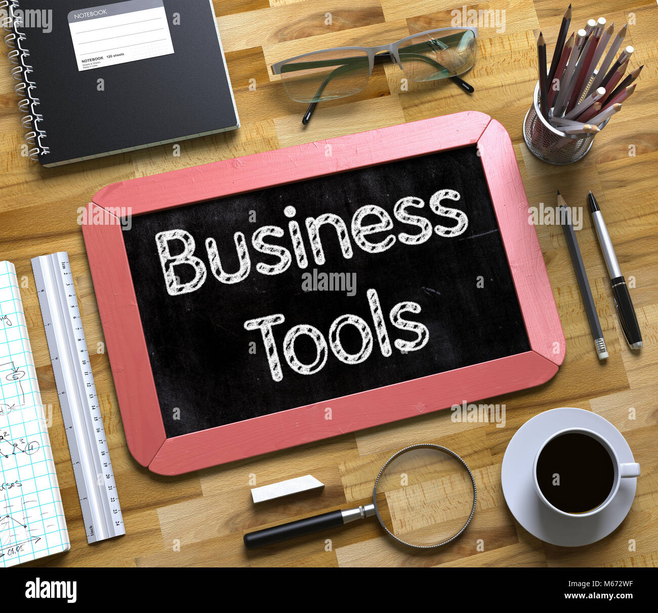 Small Chalkboard with Business Tools Concept. 3d Stock Photo - Alamy
