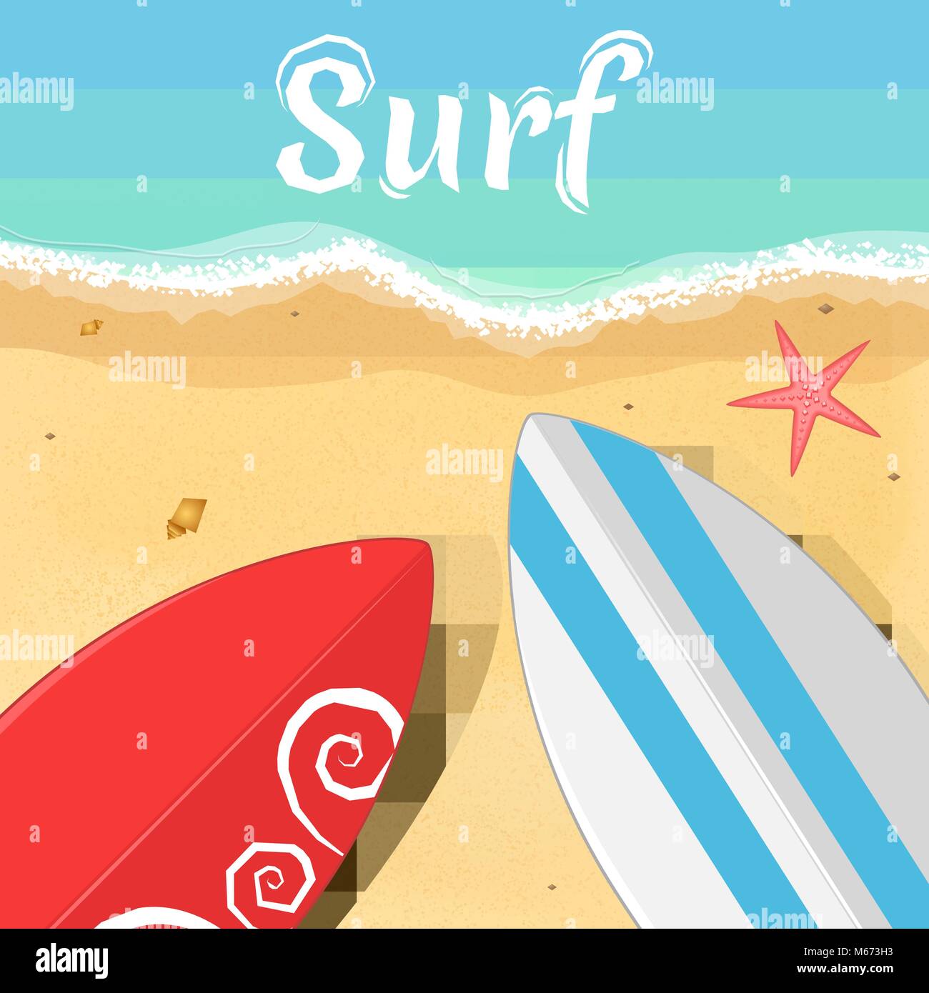 Surfboards and a starfish on the ocean. Opening of the summer season ...