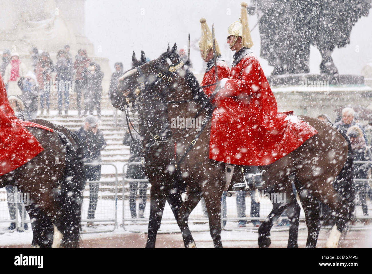 London, Britain. 28th Feb, 2018. Snow falls heavily when traditional ...