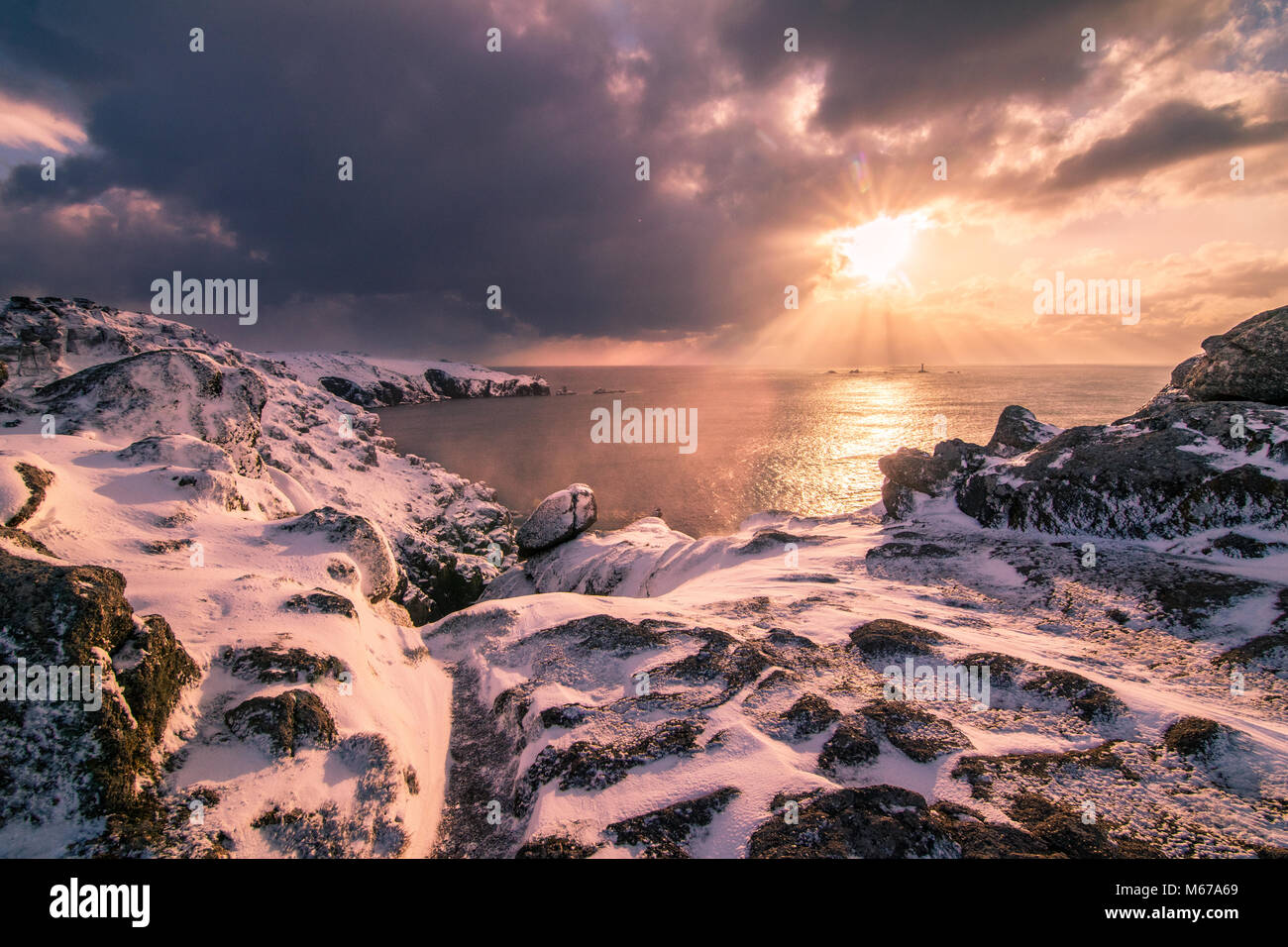 Sennen Snow Storm Sunset, Cornwall, UK Stock Photo - Alamy