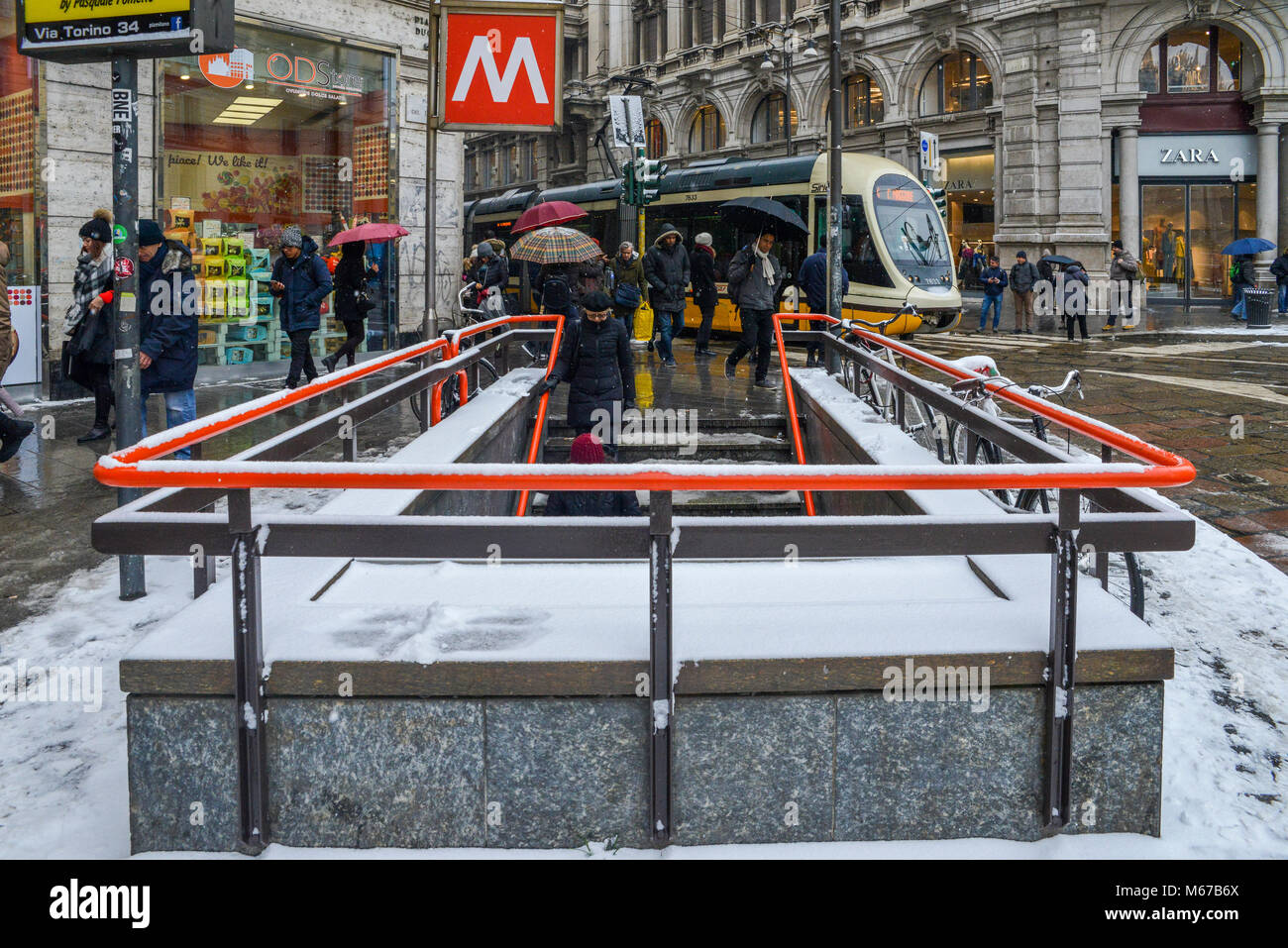 Milan, Italy - Mar 1st, 2018: Unusually cold and snowy weather due to a ...
