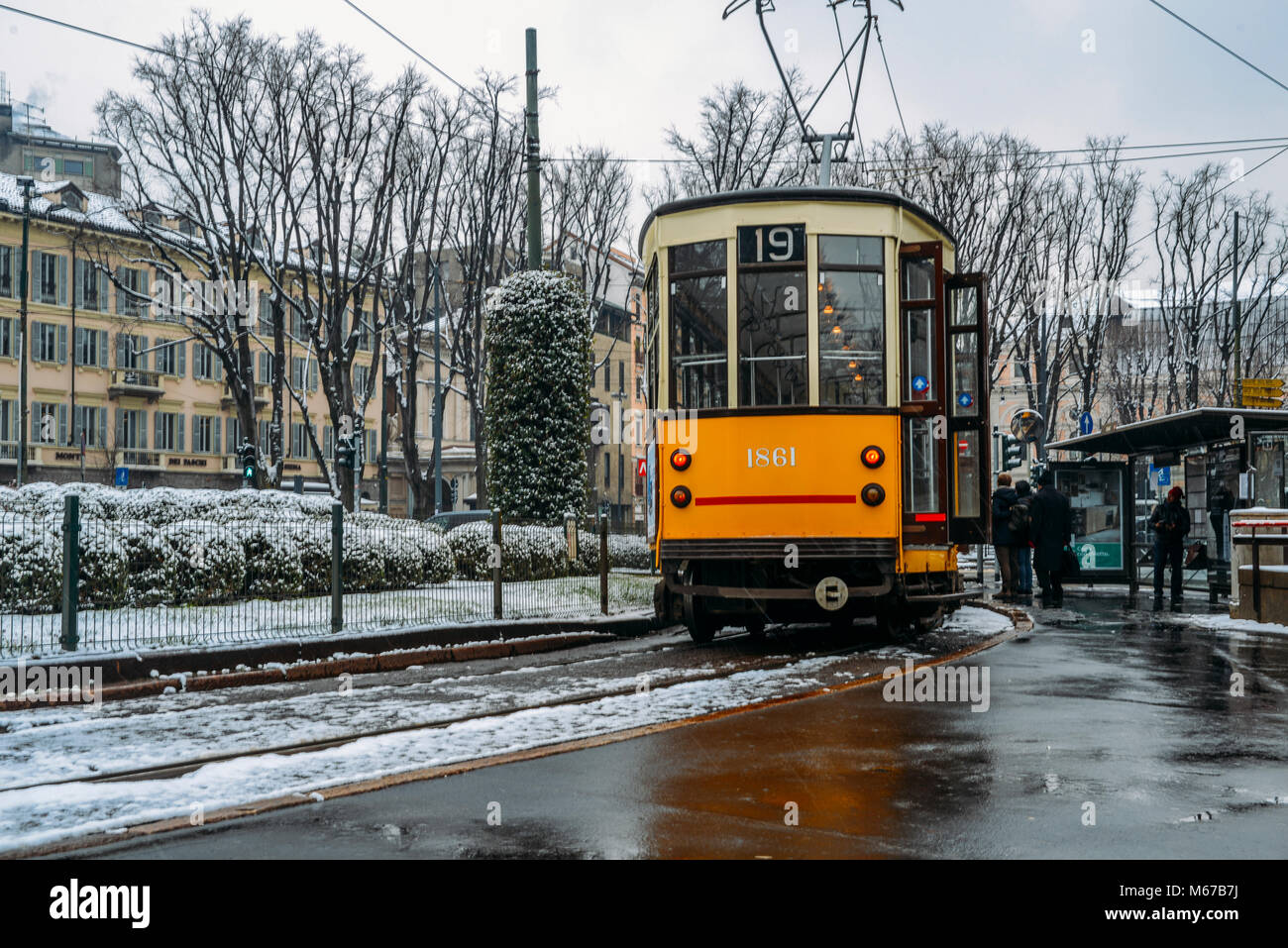 Milan, Italy - Mar 1st, 2018: Unusually cold and snowy weather due to a ...