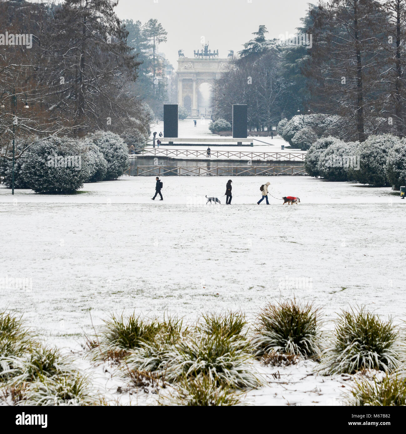 Milan, Italy - Mar 1st, 2018: Unusually cold and snowy weather due to a ...