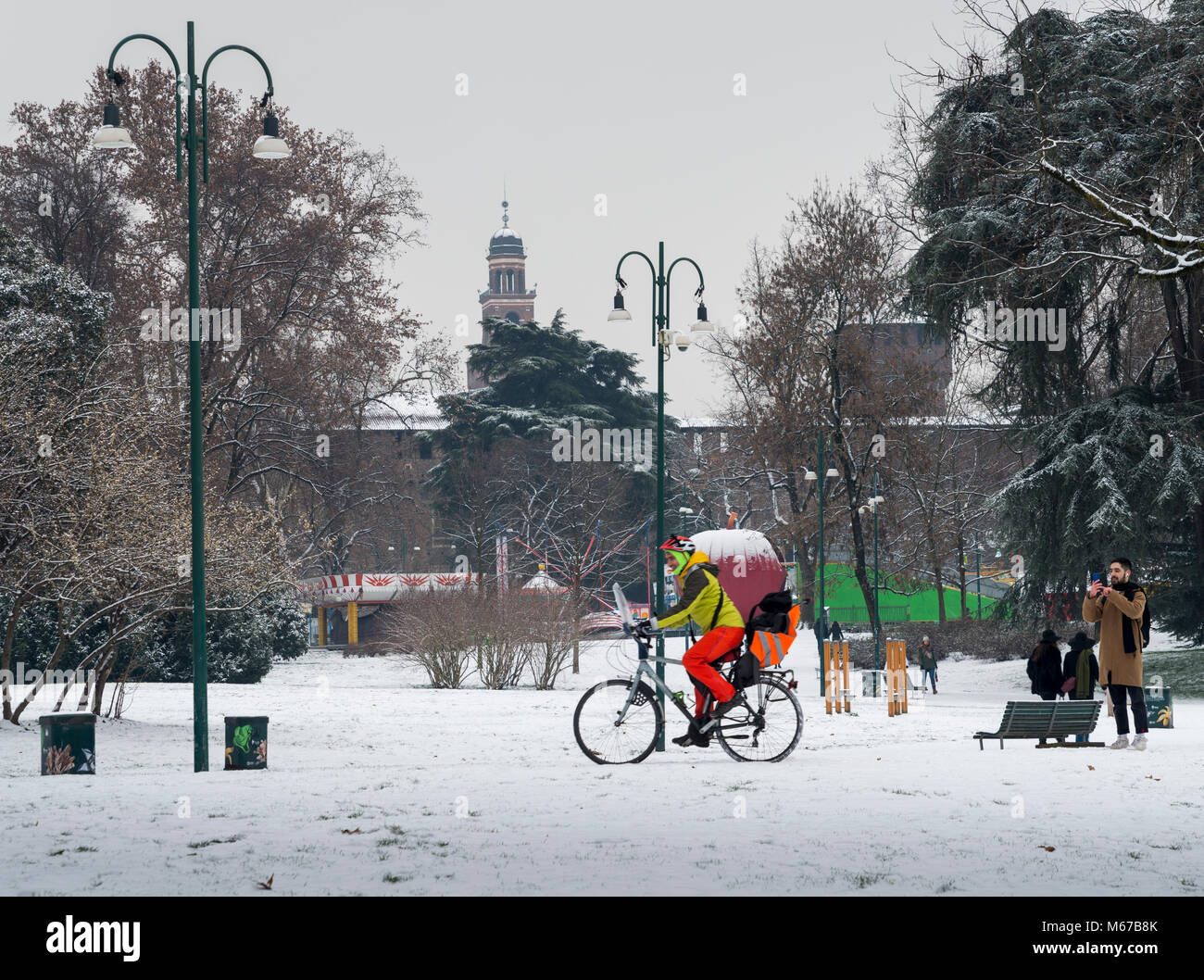 Milan, Italy - Mar 1st, 2018: Unusually cold and snowy weather due to a ...