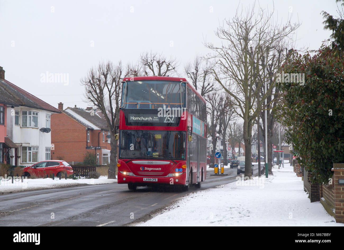 Collier Row, Essex, England. 1st March 2018. A London Bus driving on a ...