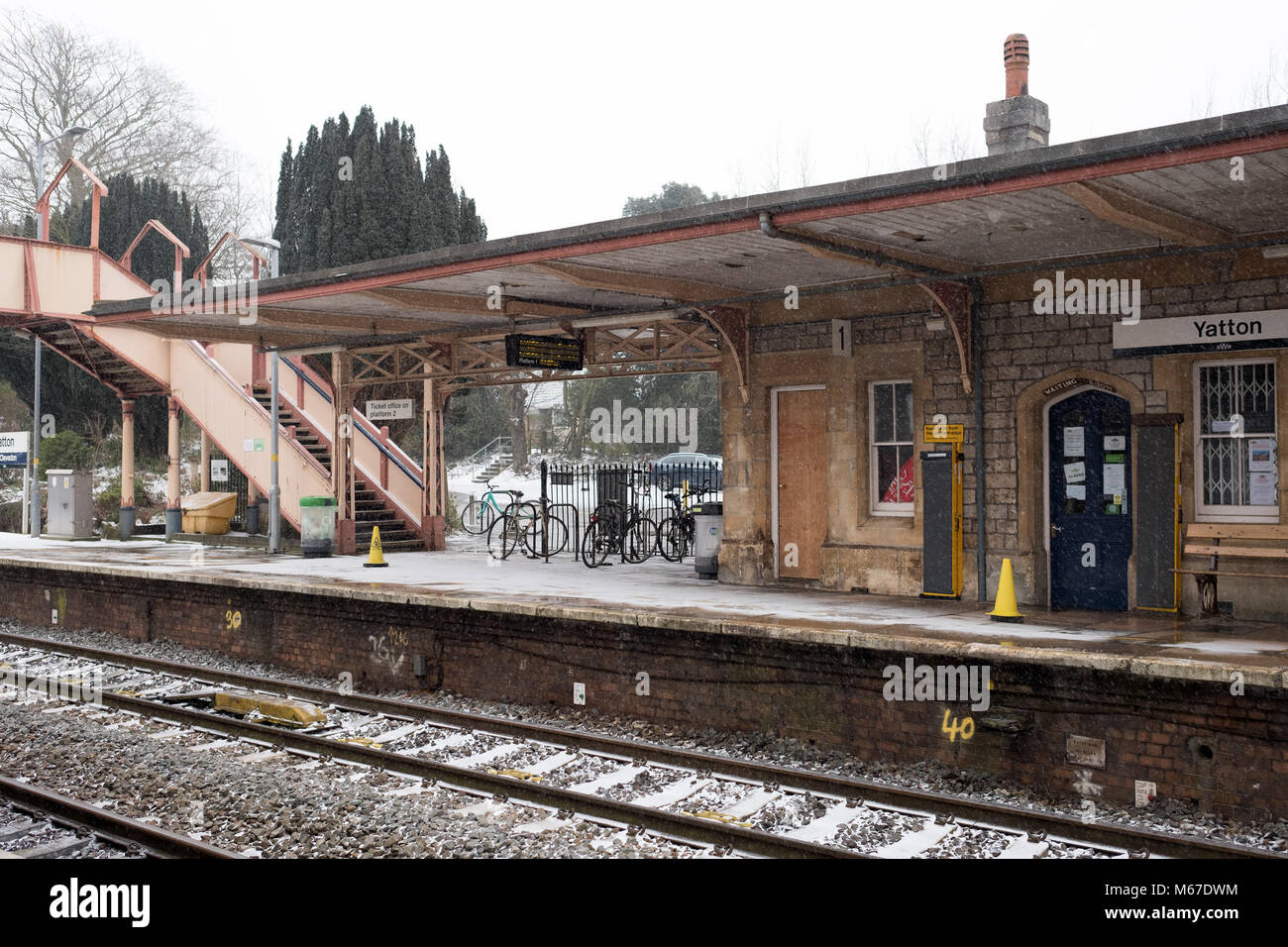 March 2018 - Empty station platforms at the rural station of Yatton, in ...