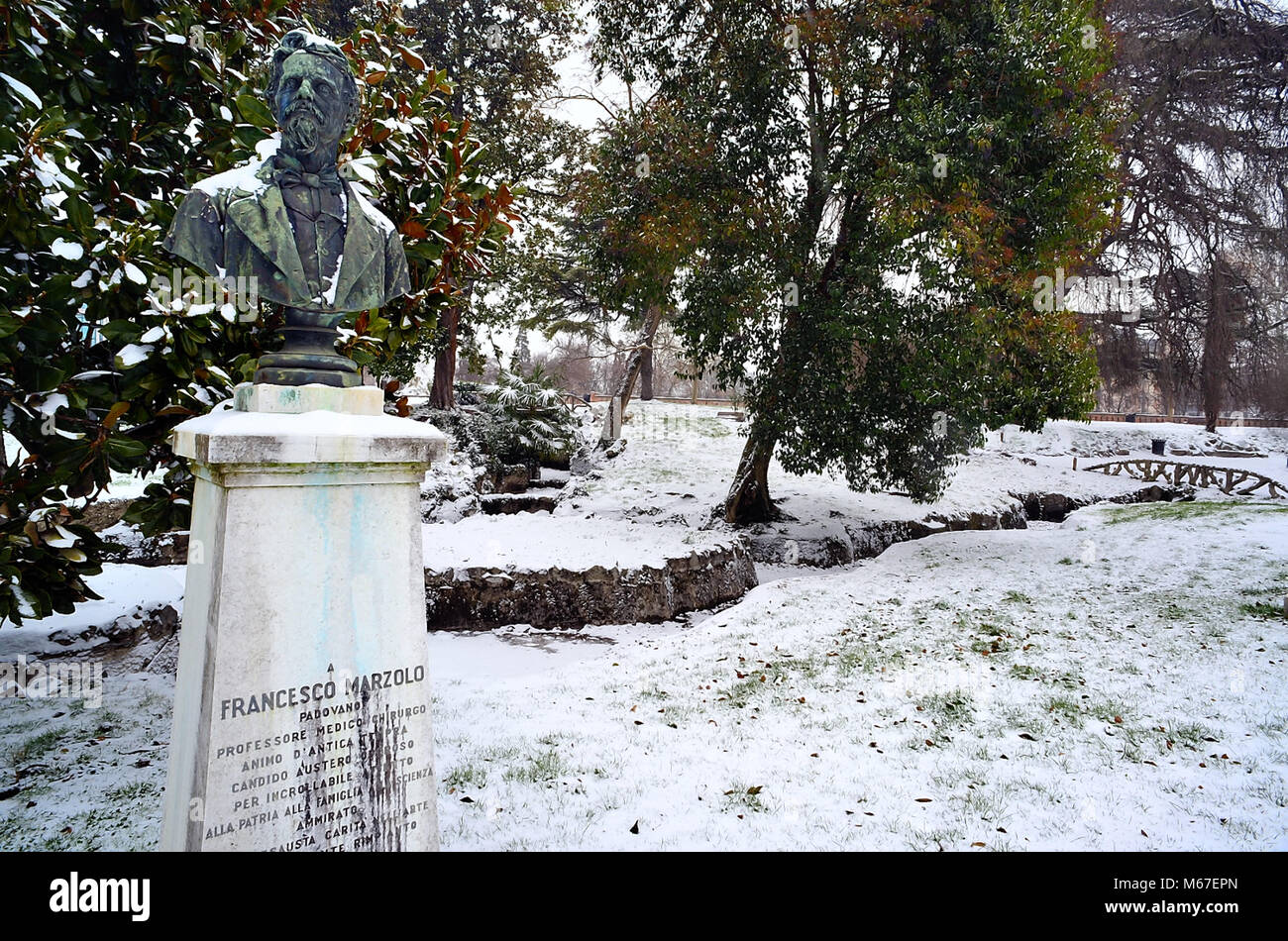 March 1st, 2018. Padua in the snow. The snow is whitening the Italian ...