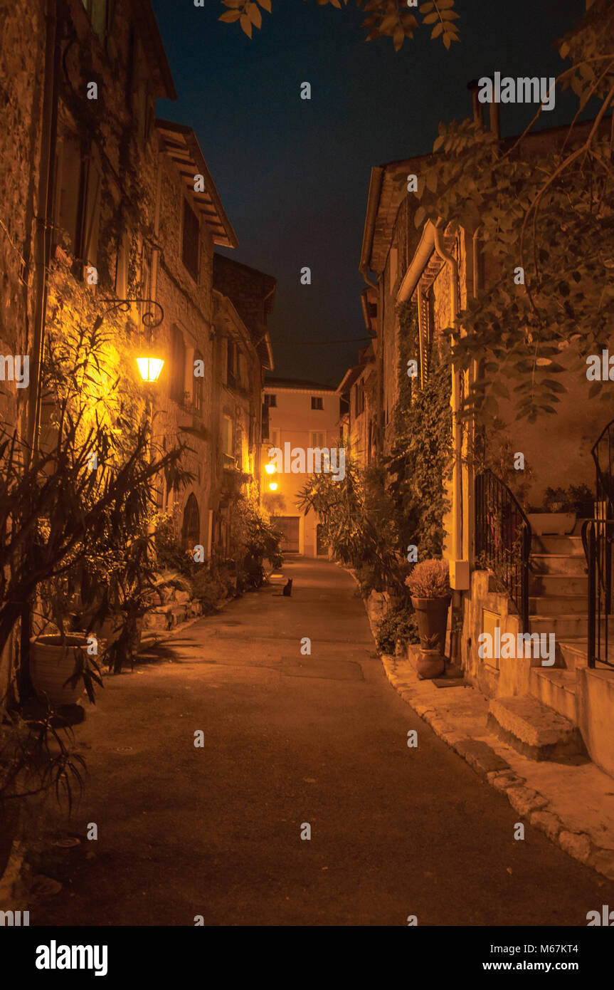 Night view of alley with walls and stone houses at Vence, a stunning ...