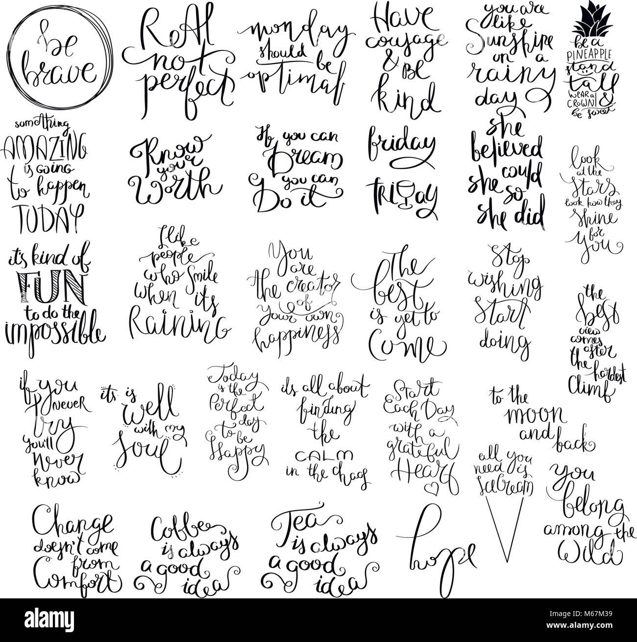 Collection of inspirational vector hand drawn quotes. Ink brush ...