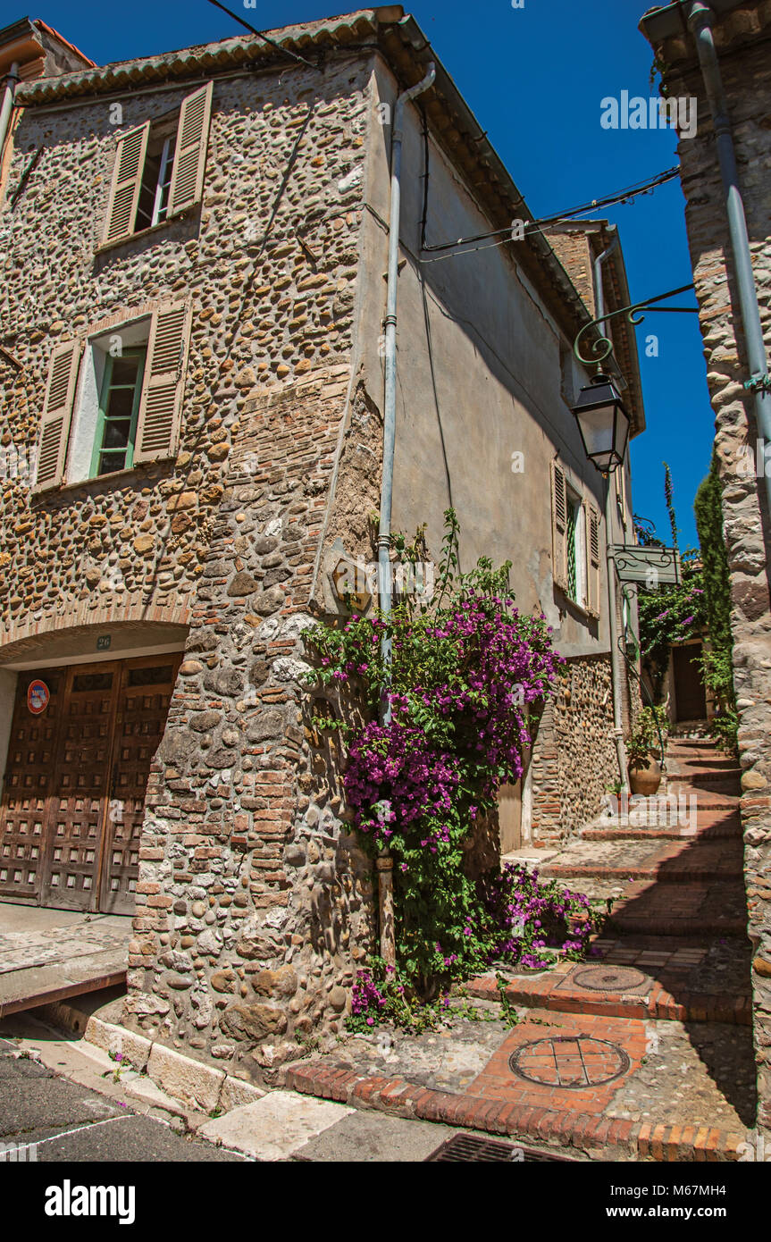 Alley with house on the slope and flowers in Haut-de-Cagnes, a village ...