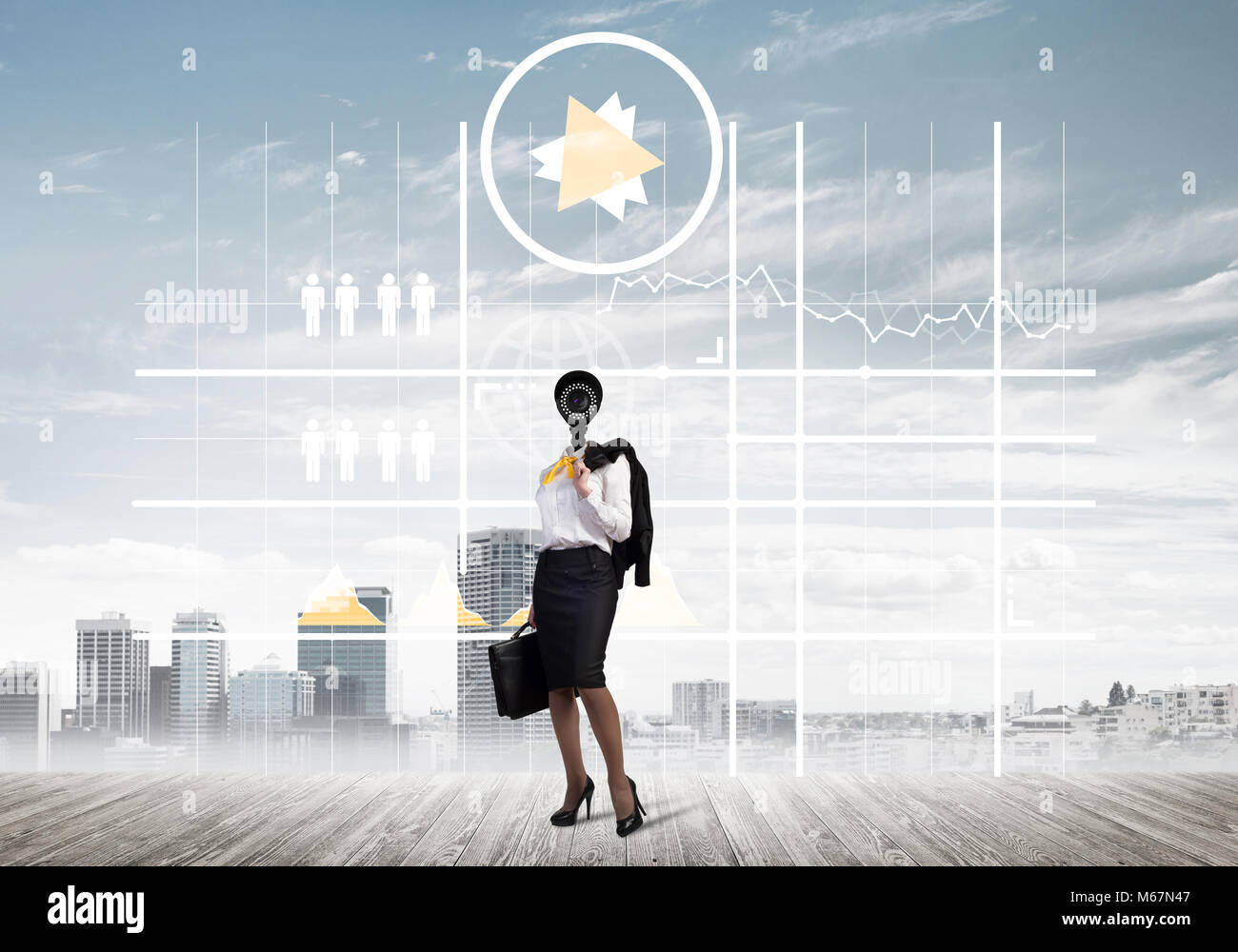 Concept of security and privacy protection with camera headed woman ...