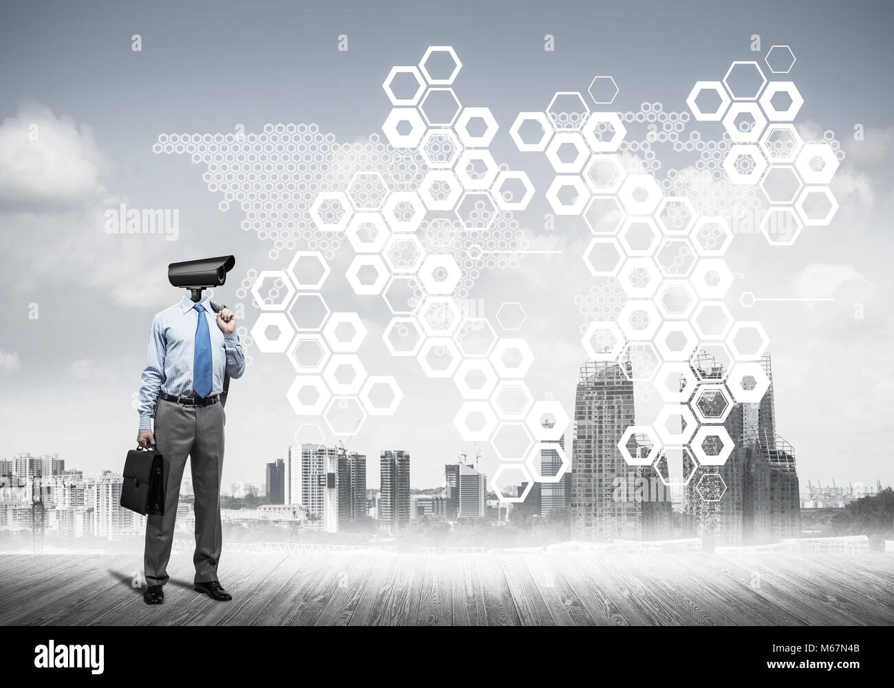 Camera headed man standing on wooden floor against modern citysc Stock ...