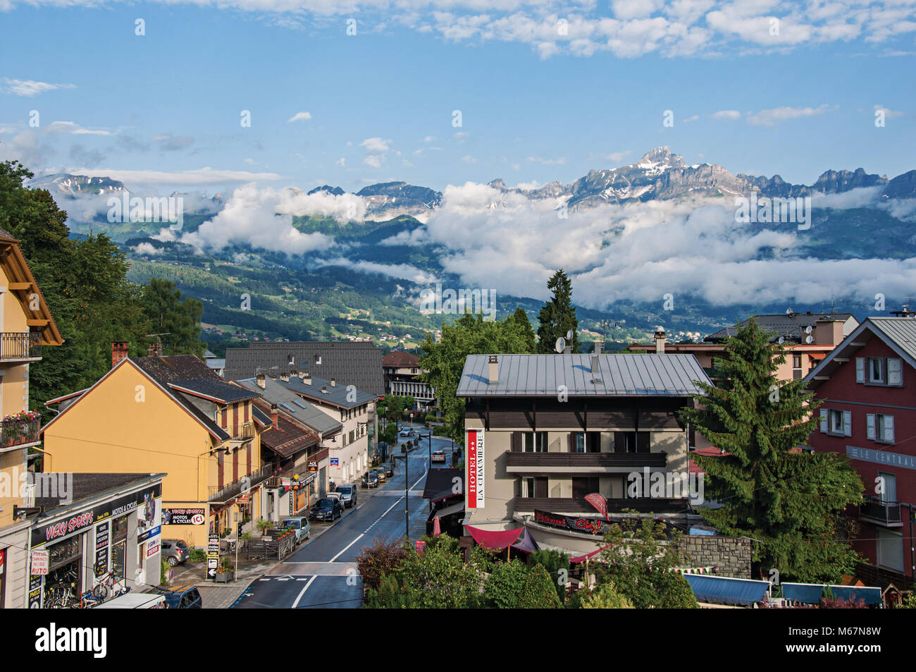Street with cars and shops in Saint-Gervais-Les-Bains/Le Fayet, a ...