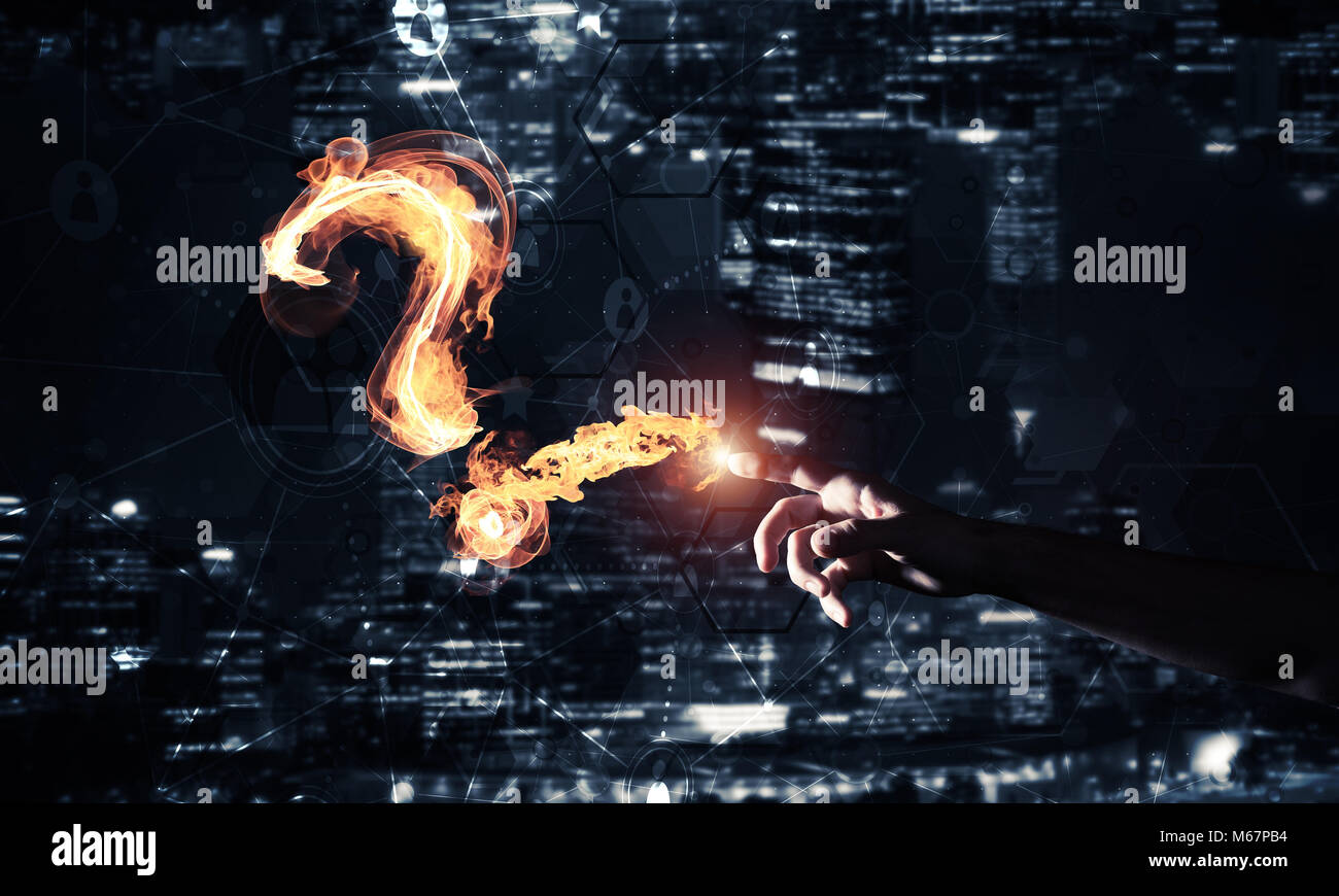 Concept of help or support with fire burning question mark again Stock ...