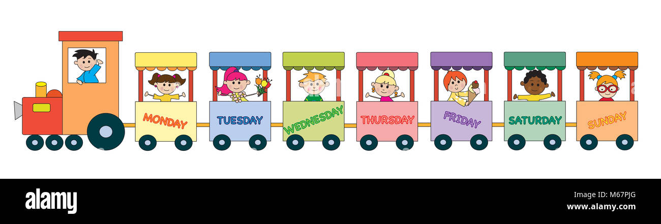 children on the train with day of week Stock Photo - Alamy